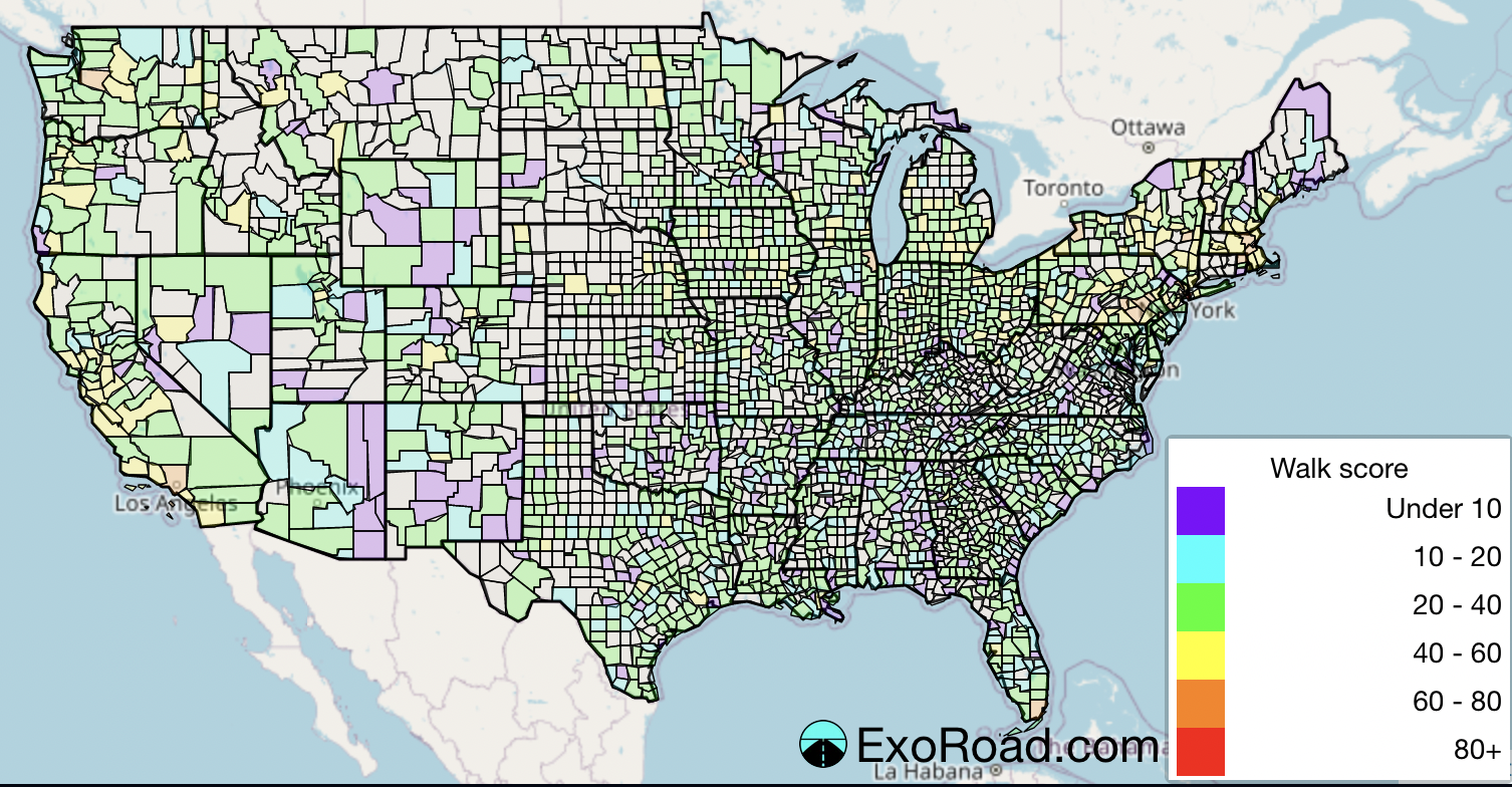 US walk score walkability heatmap map